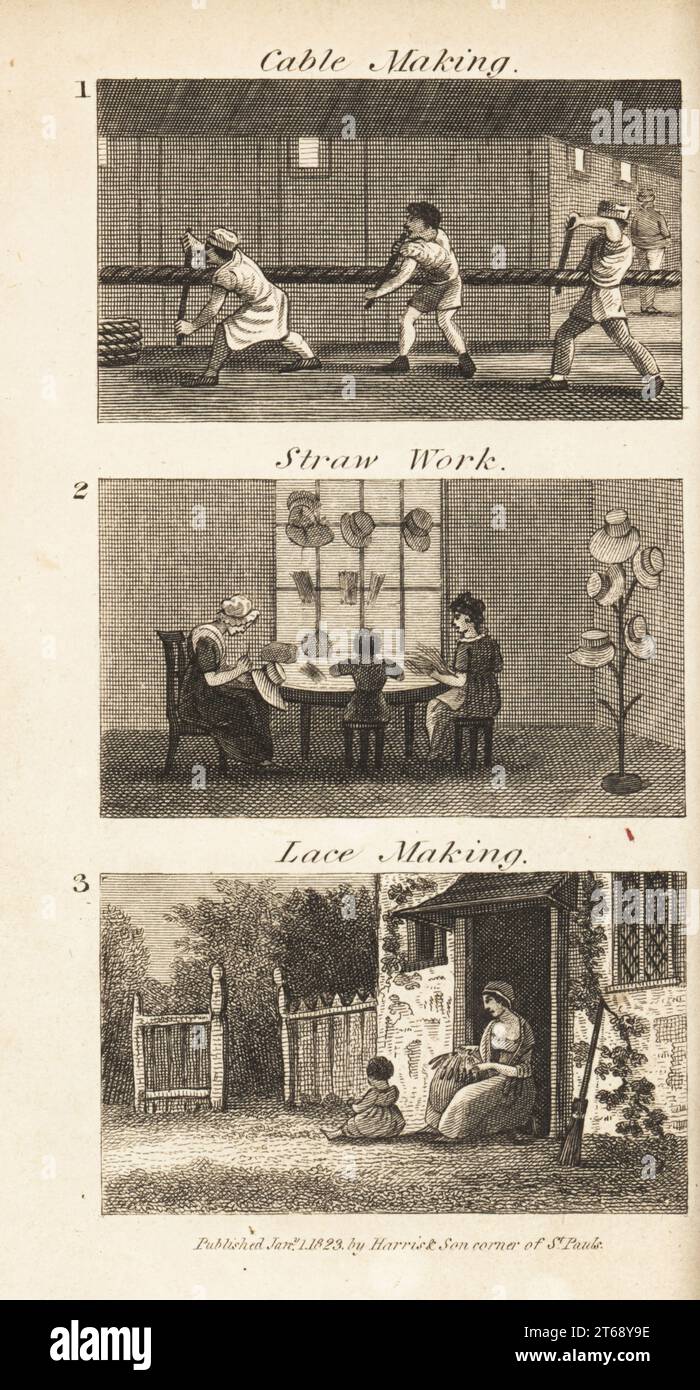 Trades in Regency England. Men twisting rope in a cable making factory ...