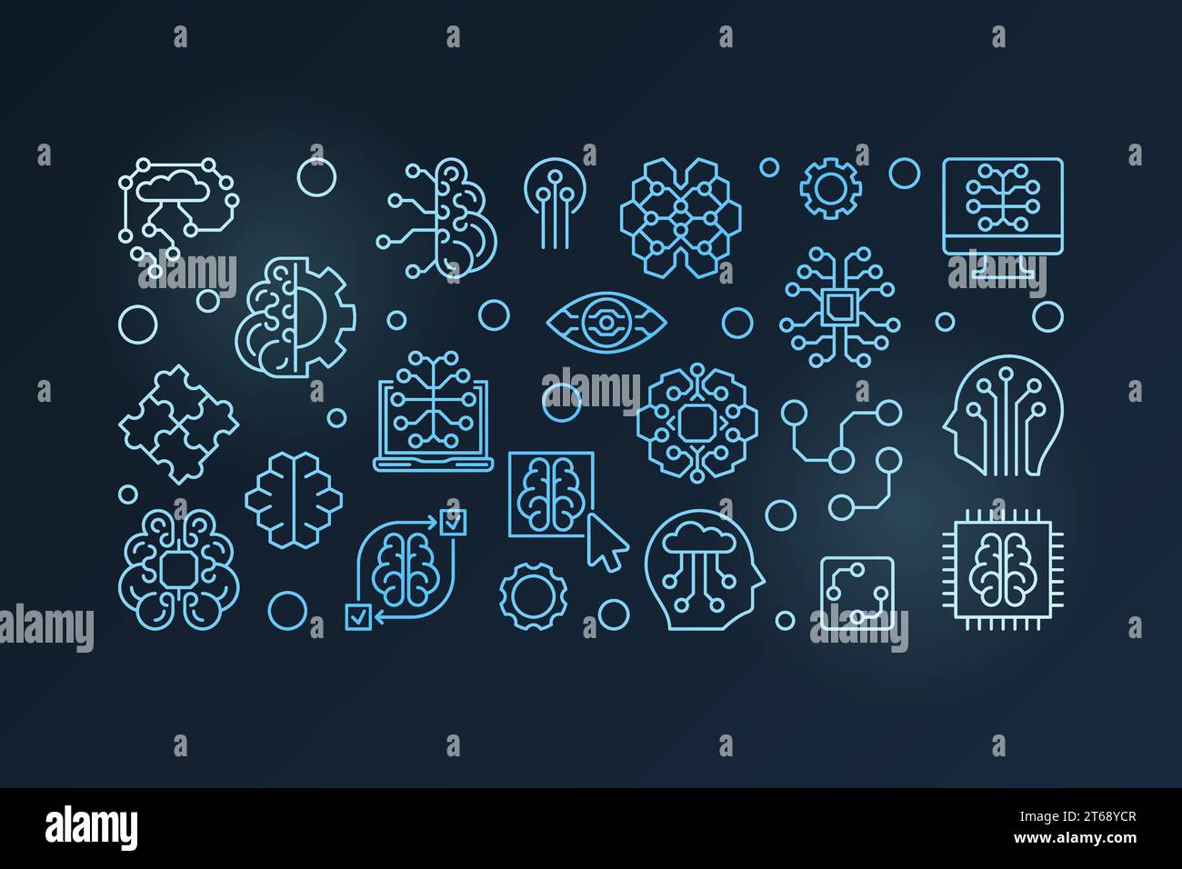 Digital Brain vector blue horizontal banner. AI concept illustration in ...