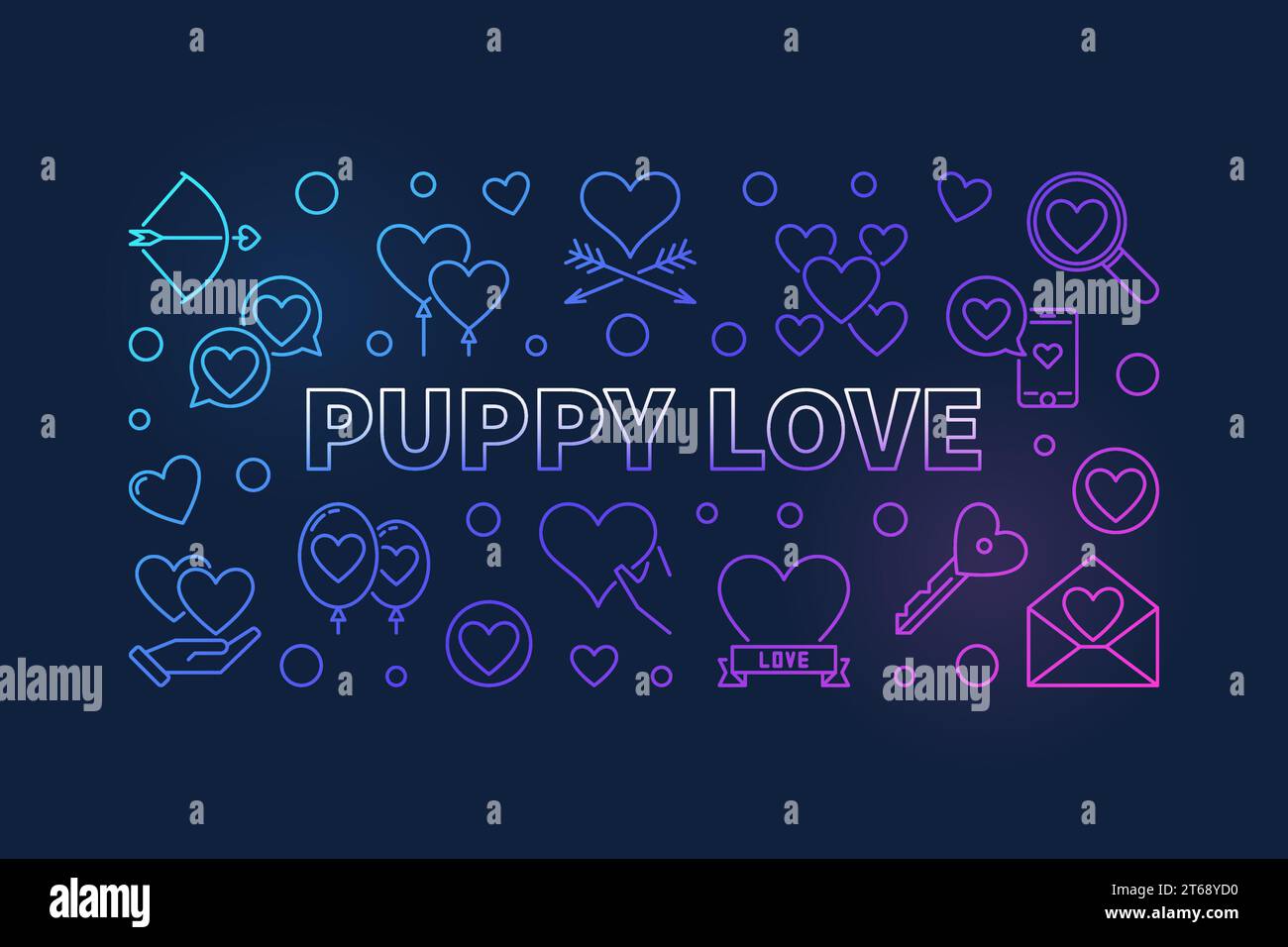 Puppy love vector colored linear illustration or banner on dark ...