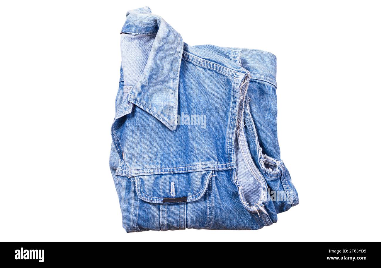 folded blue denim vest on white background, jeans vest isolated on ...