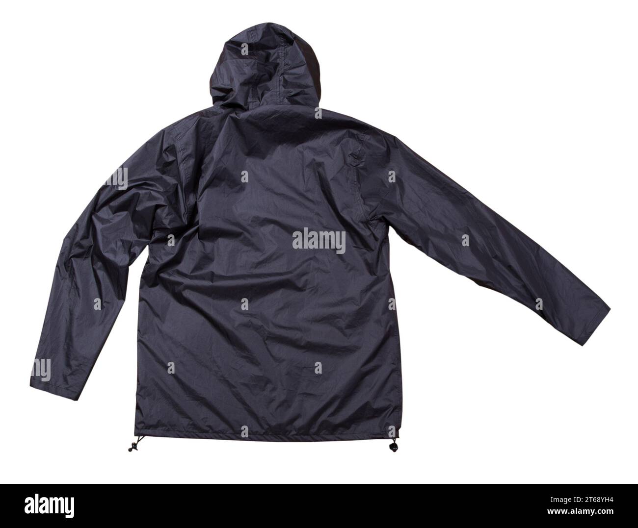 Back view of black rain jacket isolated top view, cotton clothes over ...