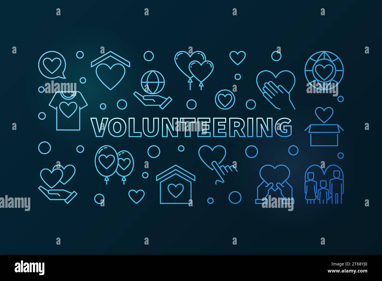 Volunteering vector blue horizontal banner in outline style on dark ...