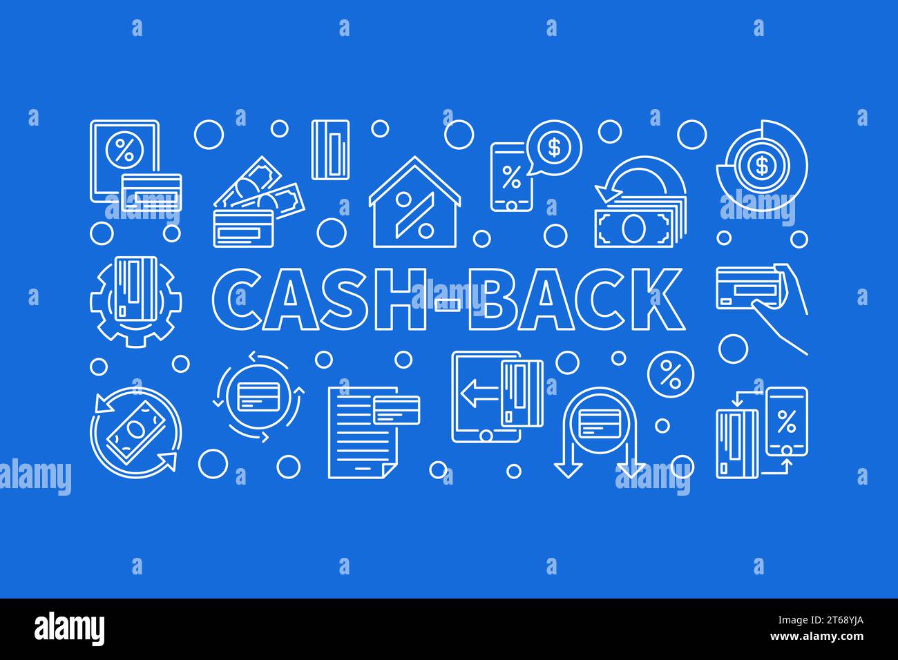 Cash-back linear horizontal illustration. Vector cashback reward program concept banner on blue ...