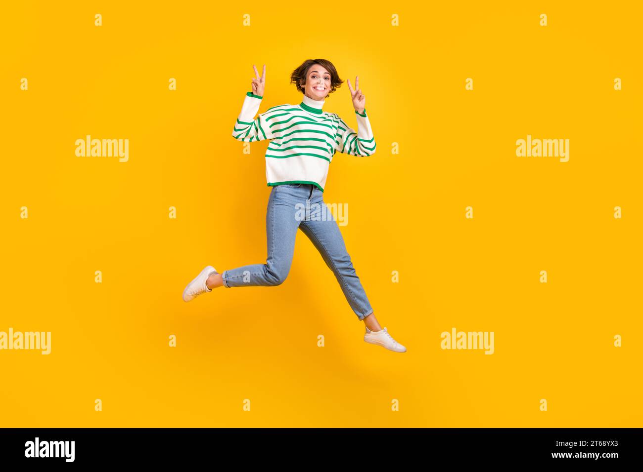 Full body photo of jumping careless girl bob hair run show double v ...