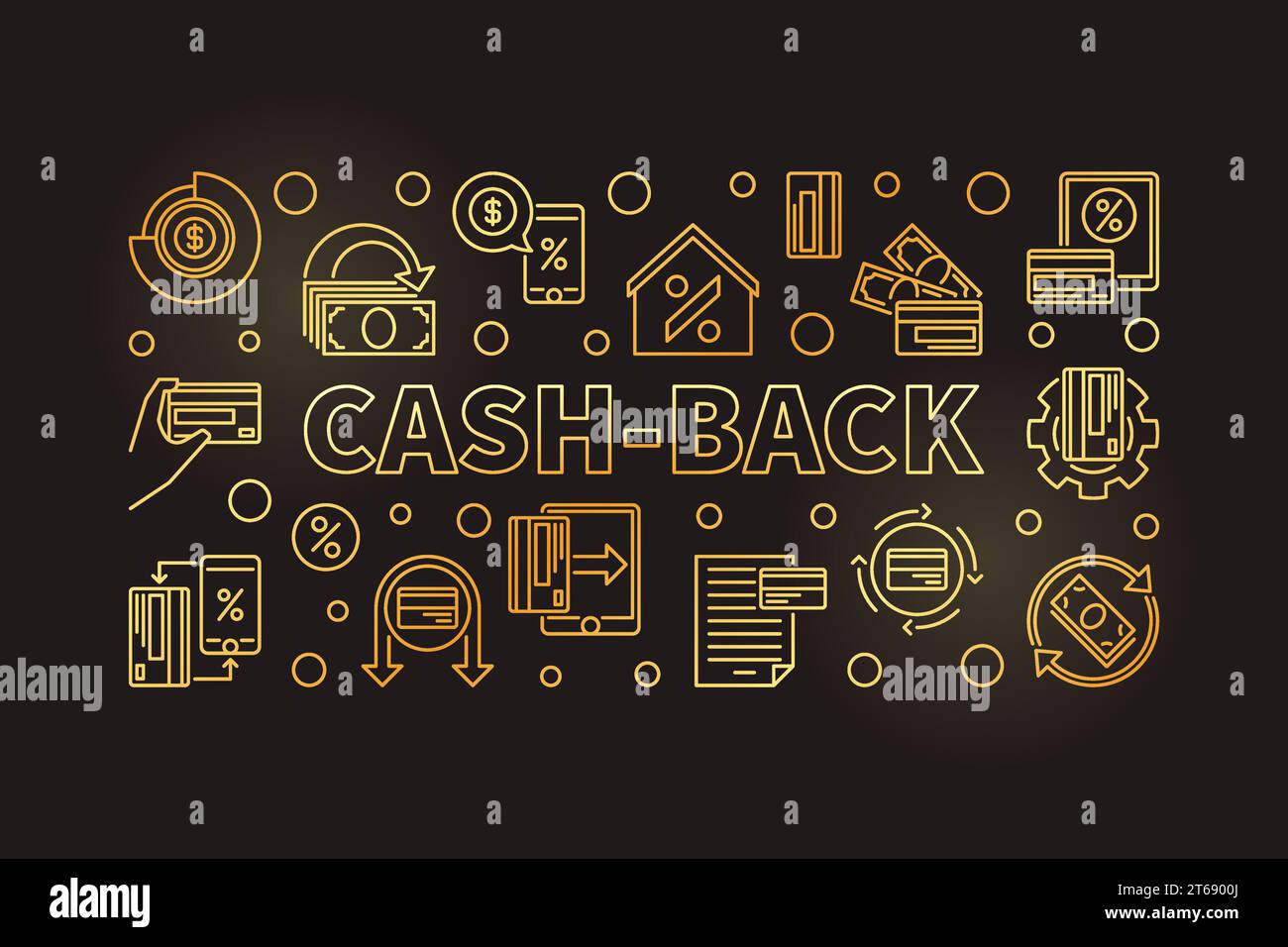 Cash-back outline golden horizontal illustration - vector cashback reward program concept banner ...