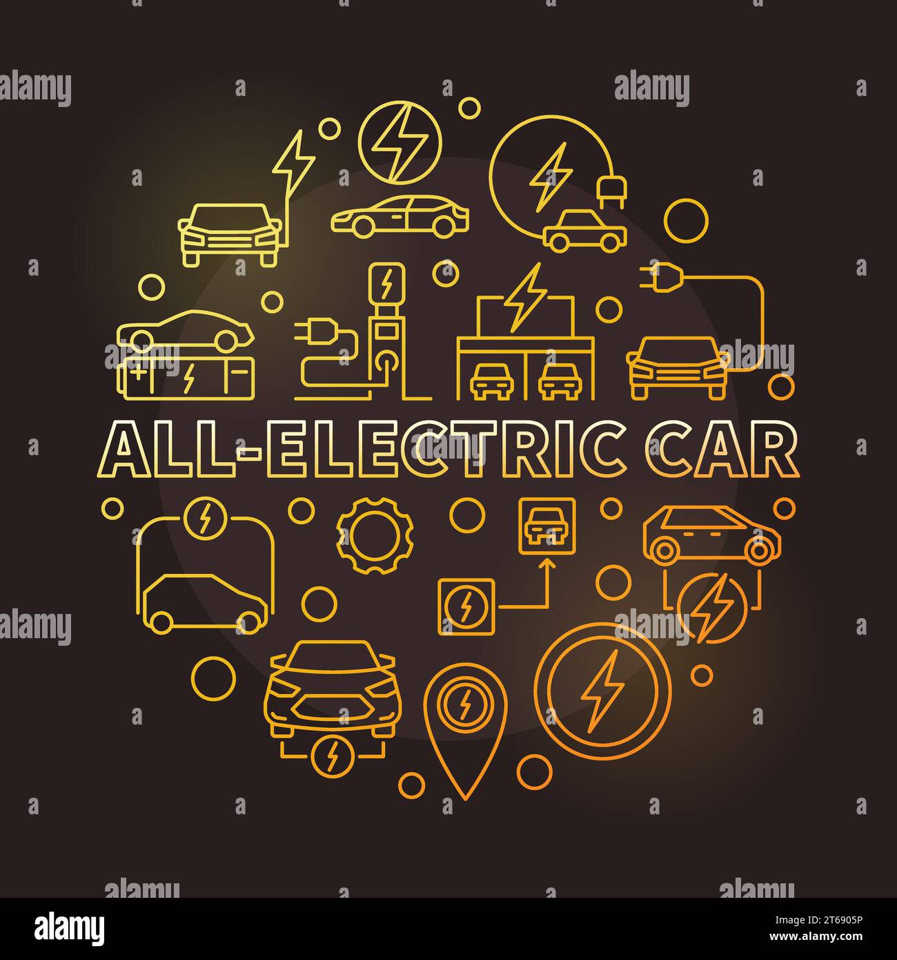 All-electric Car round vector golden illustration in outline style on ...