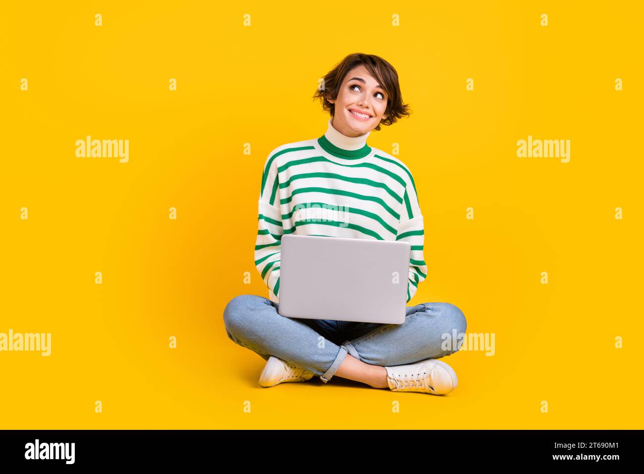 Full body photo of young lady browsing her daily tasks online remote ...