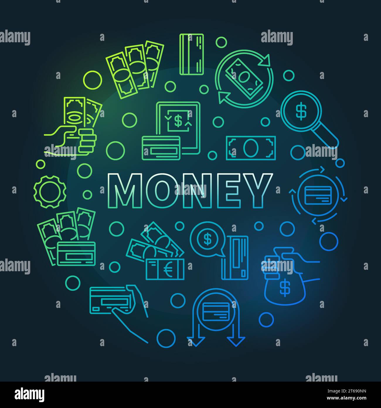 Money vector concept round colorful illustration on dark background ...