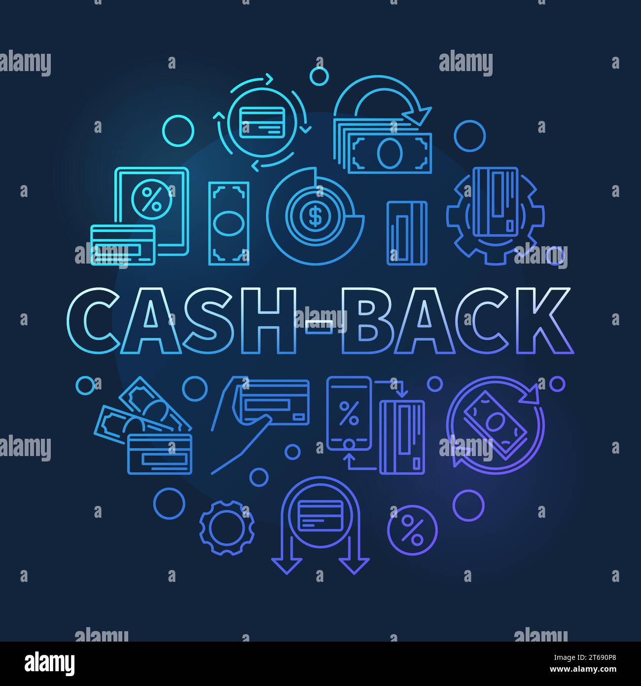 Cash-back blue outline round illustration - vector cashback reward program concept sign on dark ...