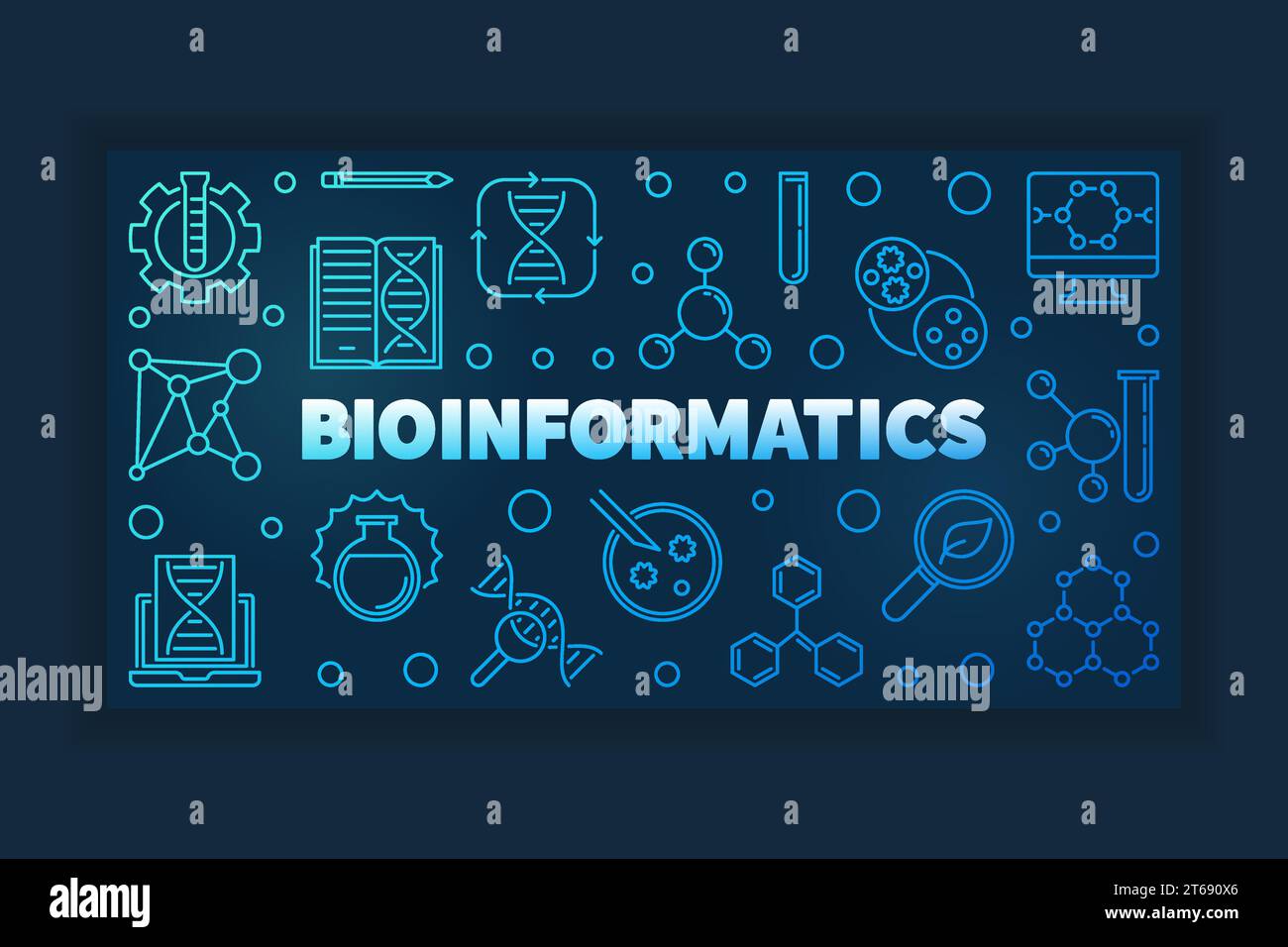 Bioinformatics Concept Blue Outline Banner On Dark Background Vector Linear Illustration Stock