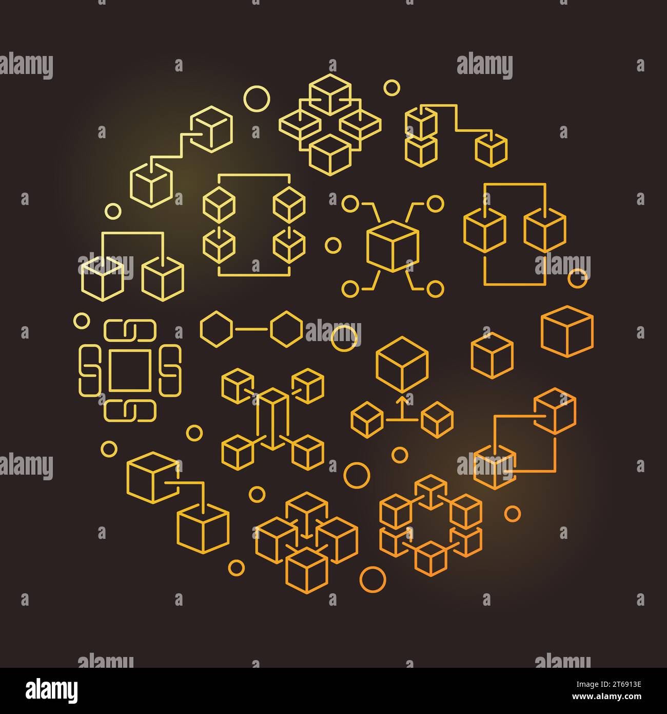 Blockchain vector round line golden illustration. Block Chain linear icons in circular shape on ...
