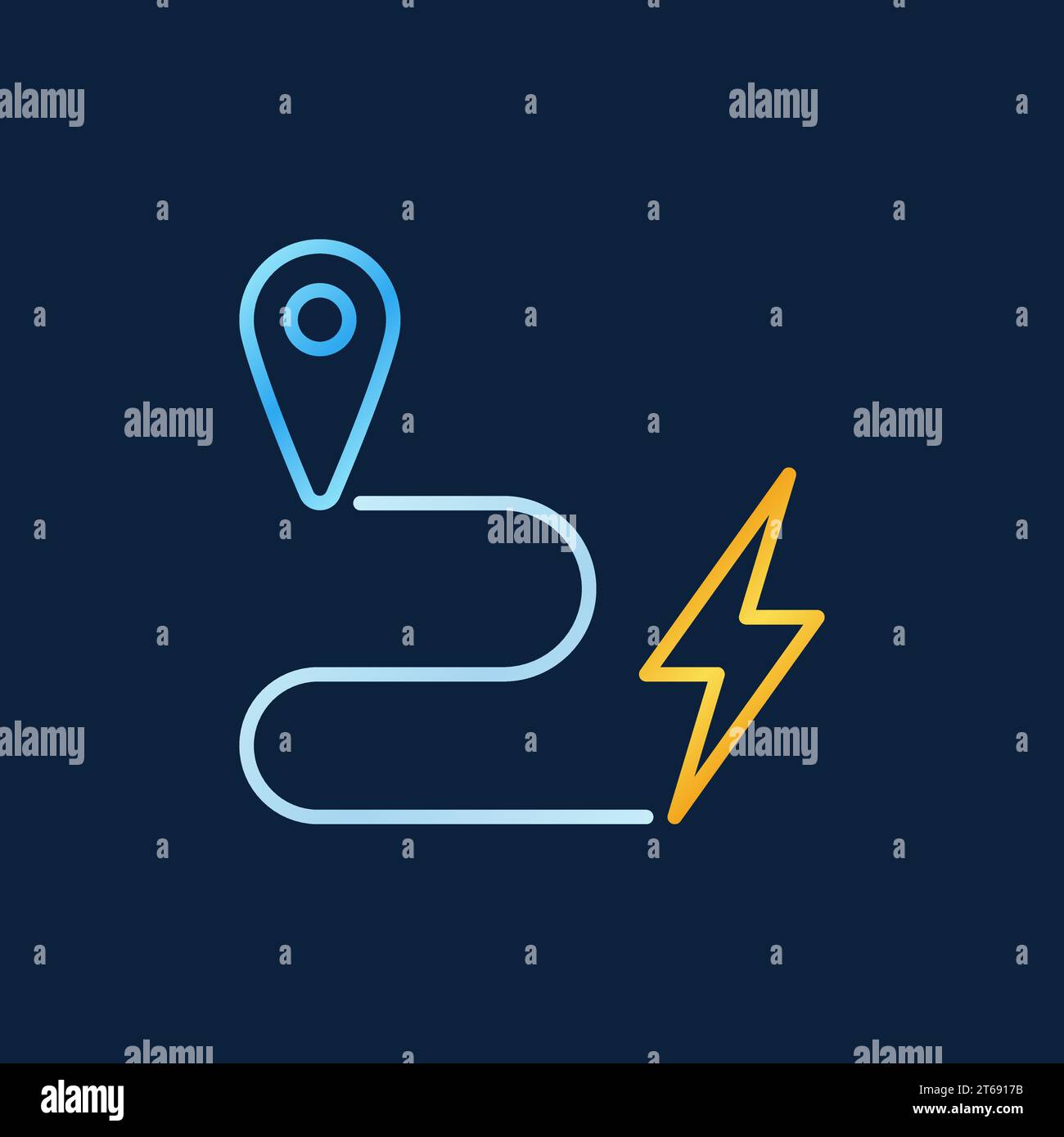 Map pointer and lightning vector outline colorful icon or sign on dark ...