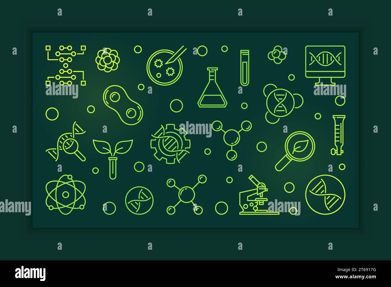 Biotech concept green outline horizontal illustration. Vector ...
