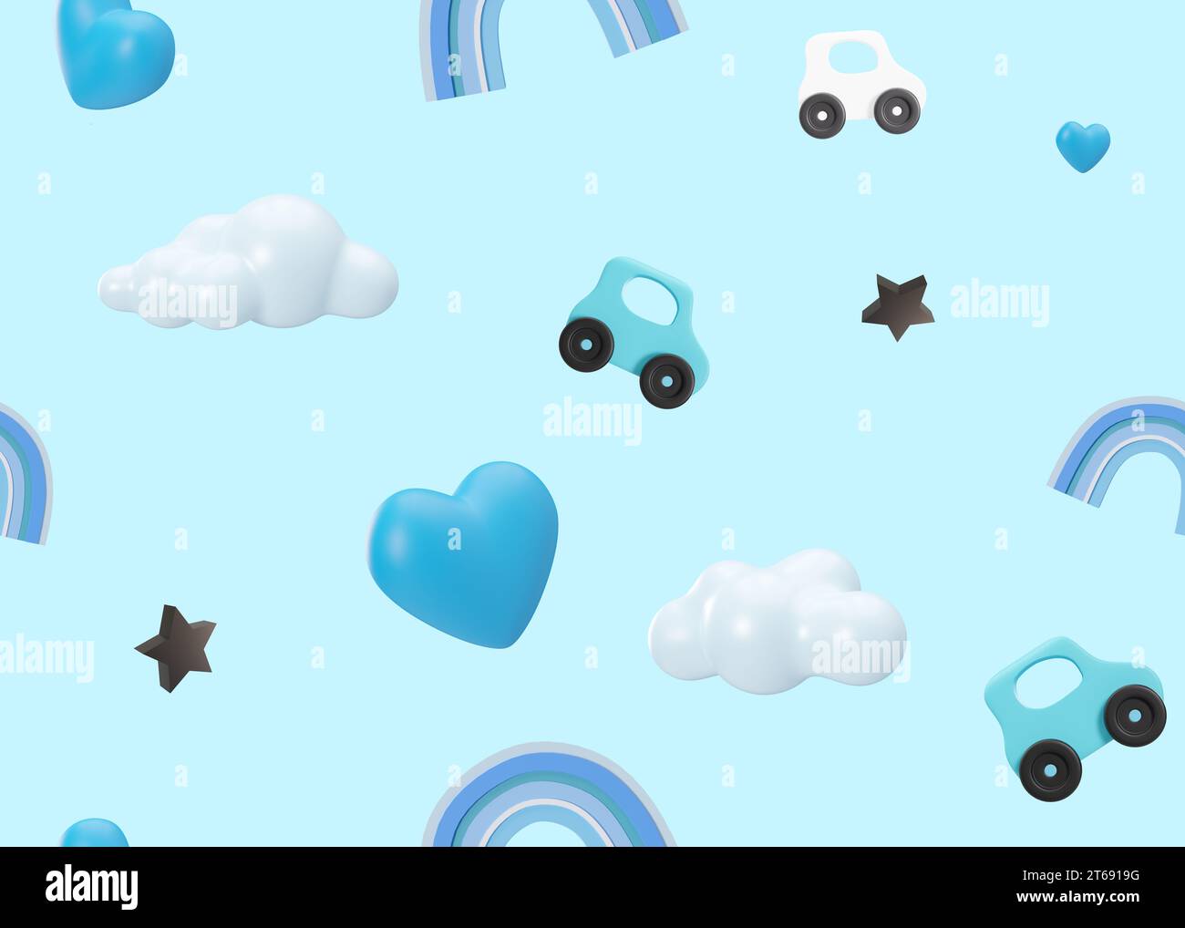 Blue seamless pattern with cars, hearts, clouds. Applicable for fabric ...
