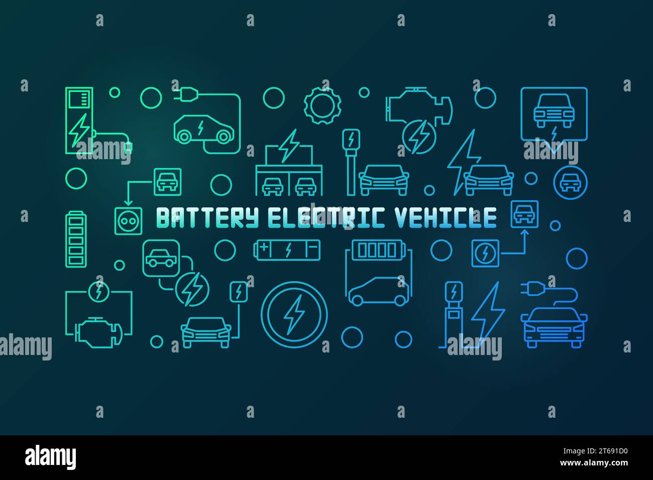 Battery electric vehicle vector colored horizontal illustration in ...