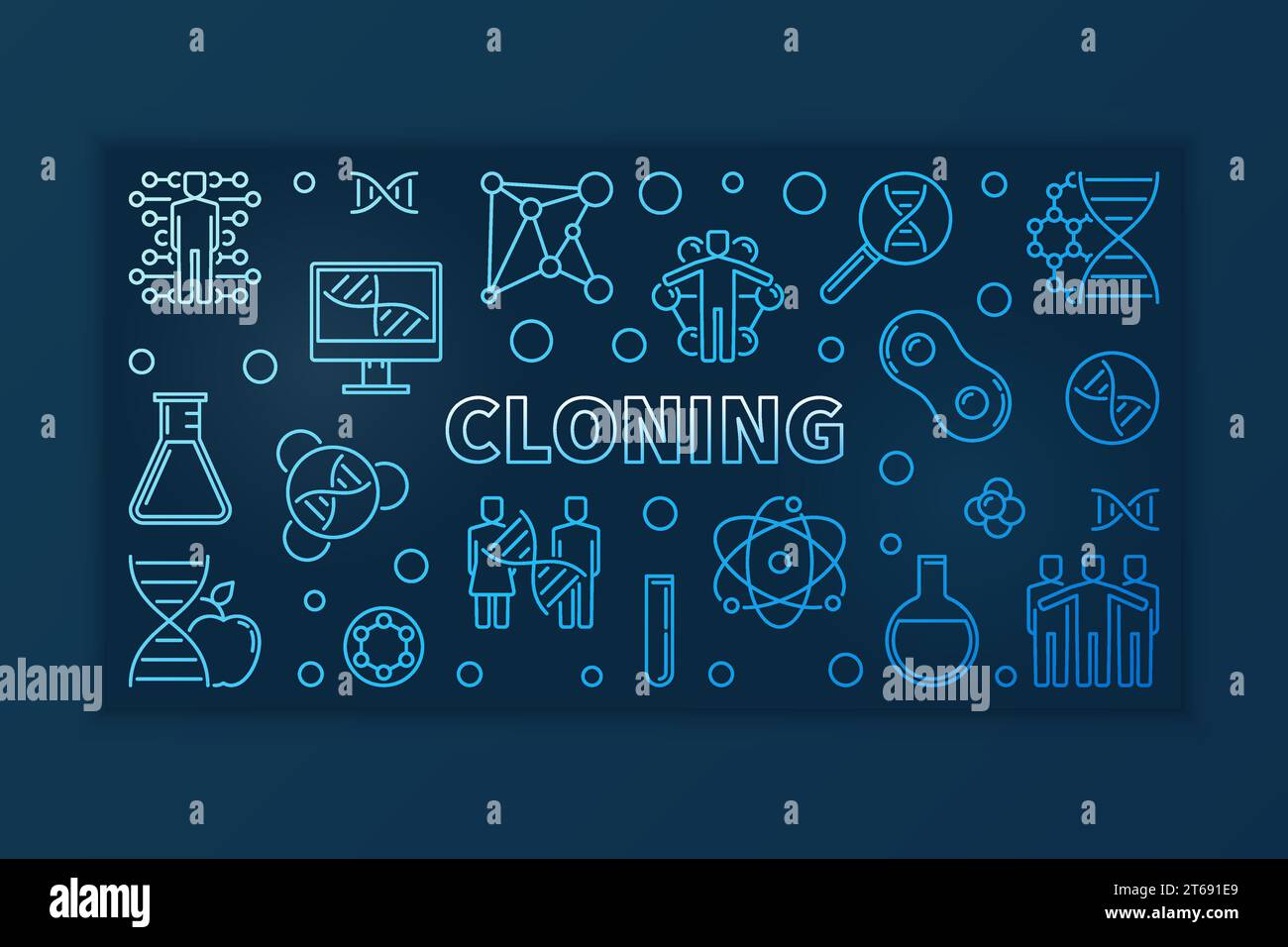 Cloning blue concept thin line banner - vector horizontal linear illustration on dark background ...