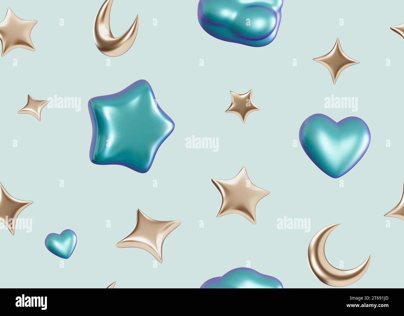 Light green seamless pattern with stars, moons, hearts. Applicable for ...