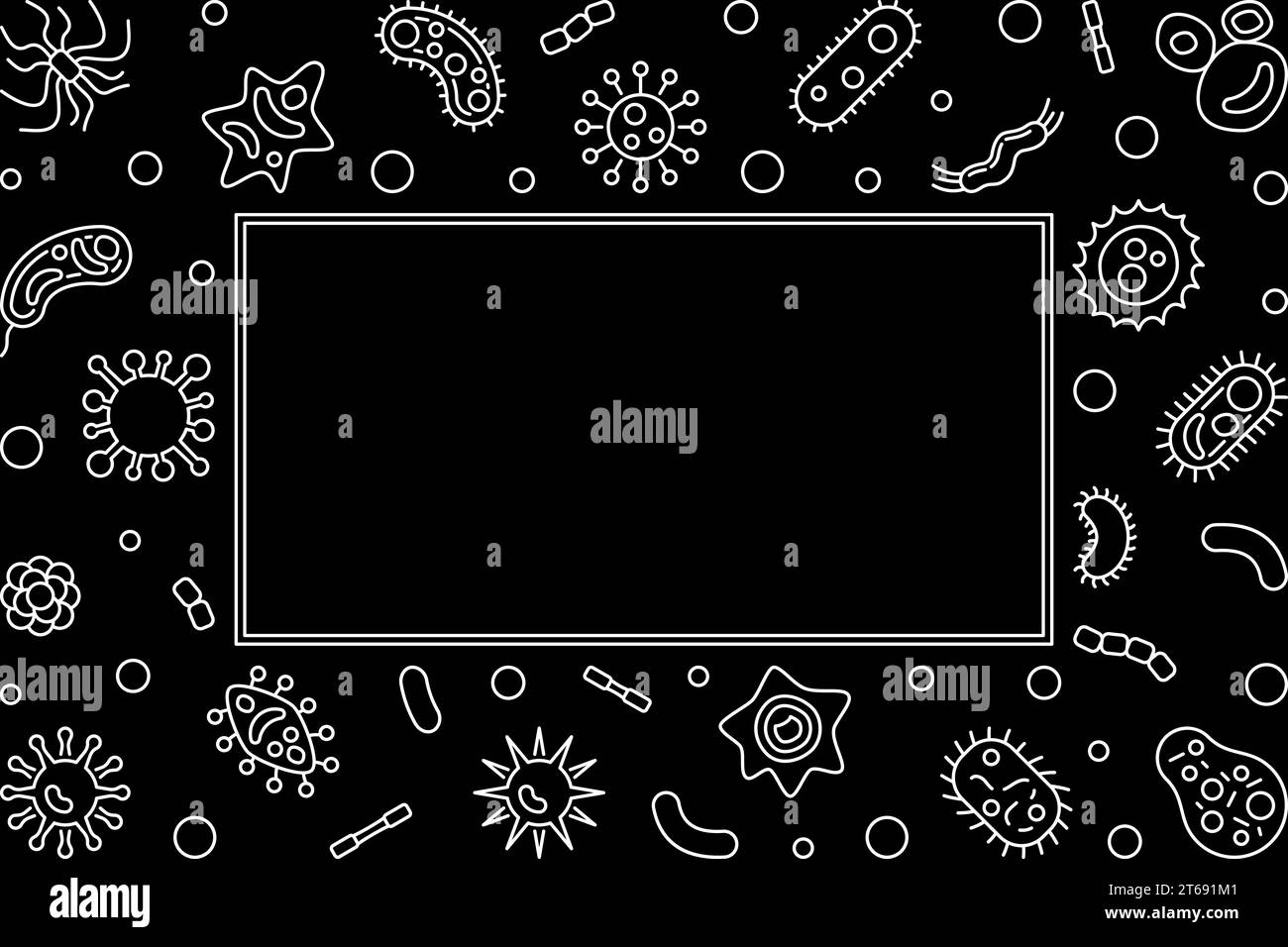 Horizontal frame with microorganism outline icons. Vector virology and ...