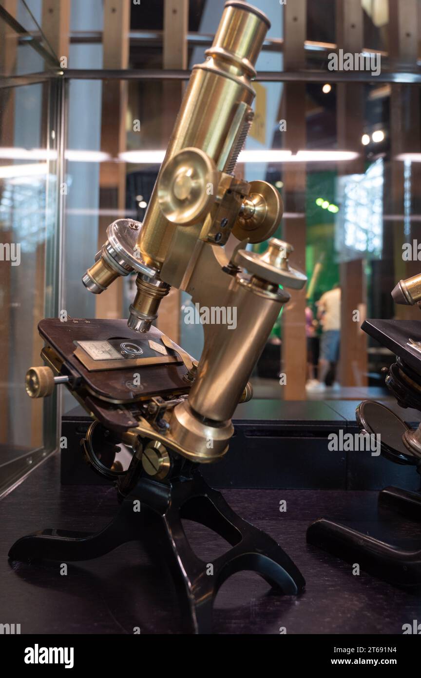 Detail of an old laboratory microscope in a museum Stock Photo - Alamy