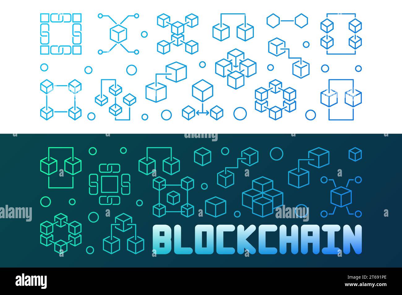 Blockchain technology colored linear banners set. Vector modern ...