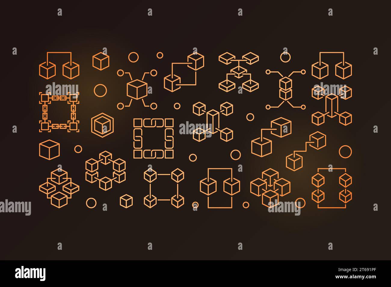 Blockchain Vector Outline Golden Horizontal Illustration Block Chain Banner In Thin Line Style