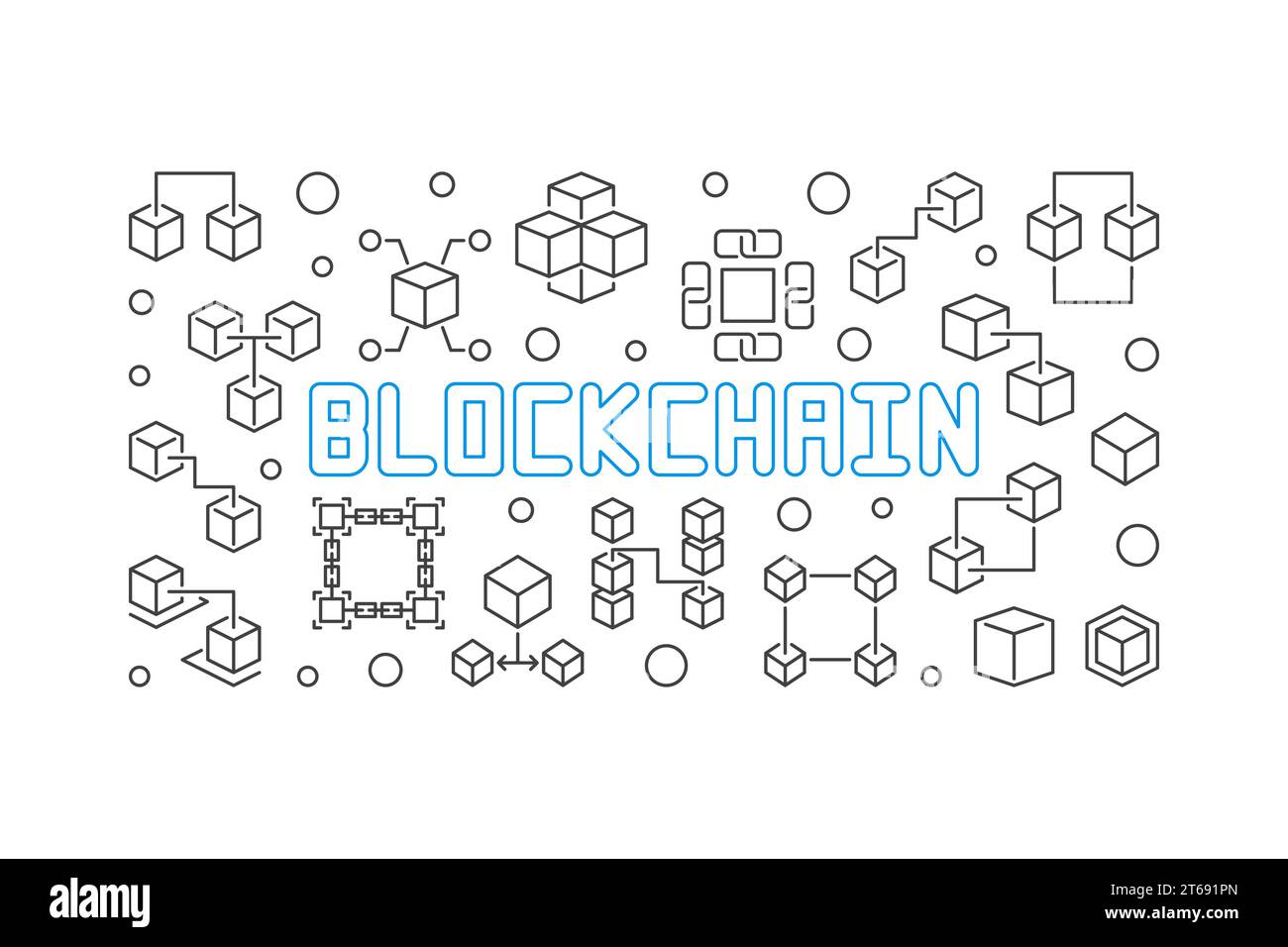 Blockchain crypto vector concept simple horizontal illustration in thin ...