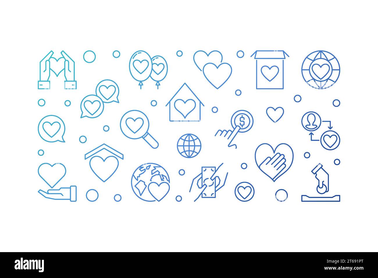 Charity and Donation blue outline illustration. Vector linear banner on ...