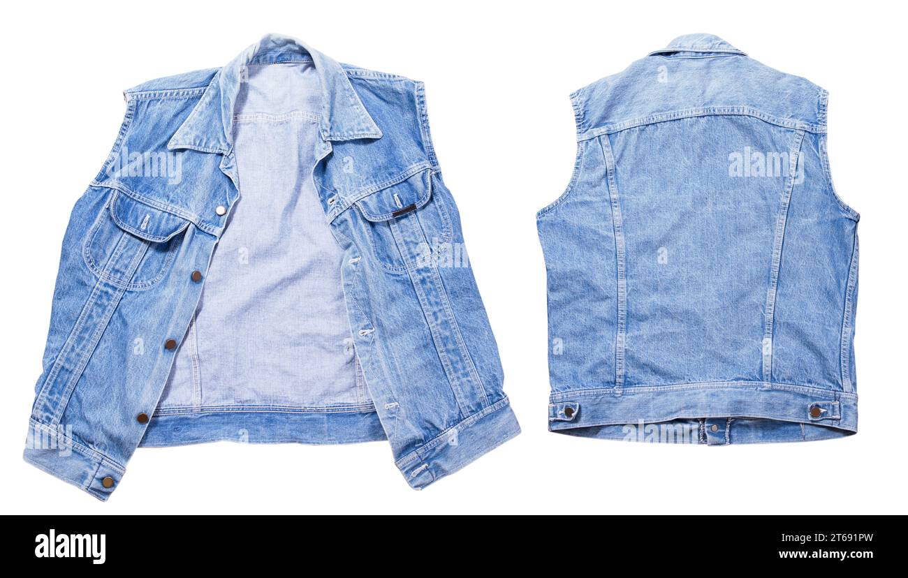 Denim vest set, set of denim vest, jeans vest front back view. Folded Vest isolated on white ...