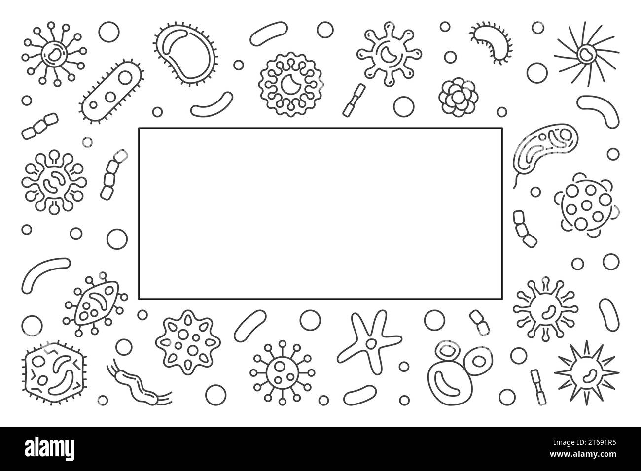 Microorganisms horizontal frame. Vector microbiology outline ...