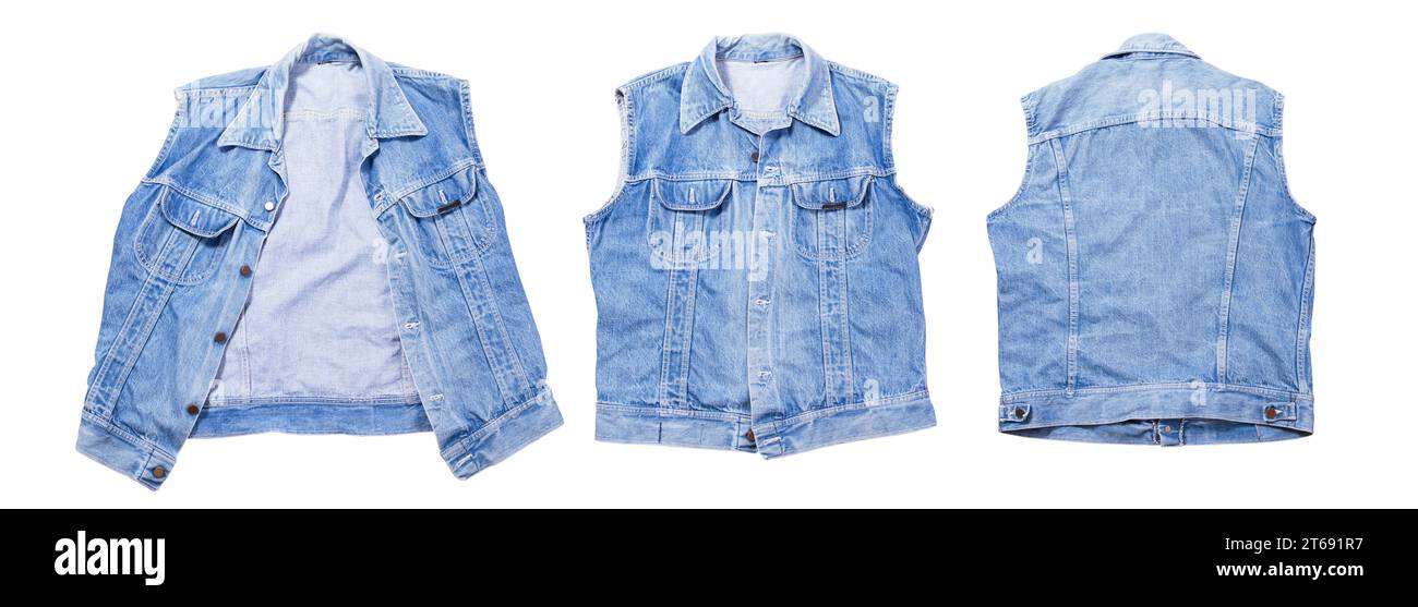 Denim vest set, set of denim vest, jeans vest front back view. Folded ...