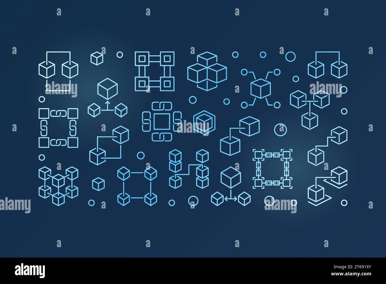 Vector blockchain crypto blue horizontal illustration in thin line ...