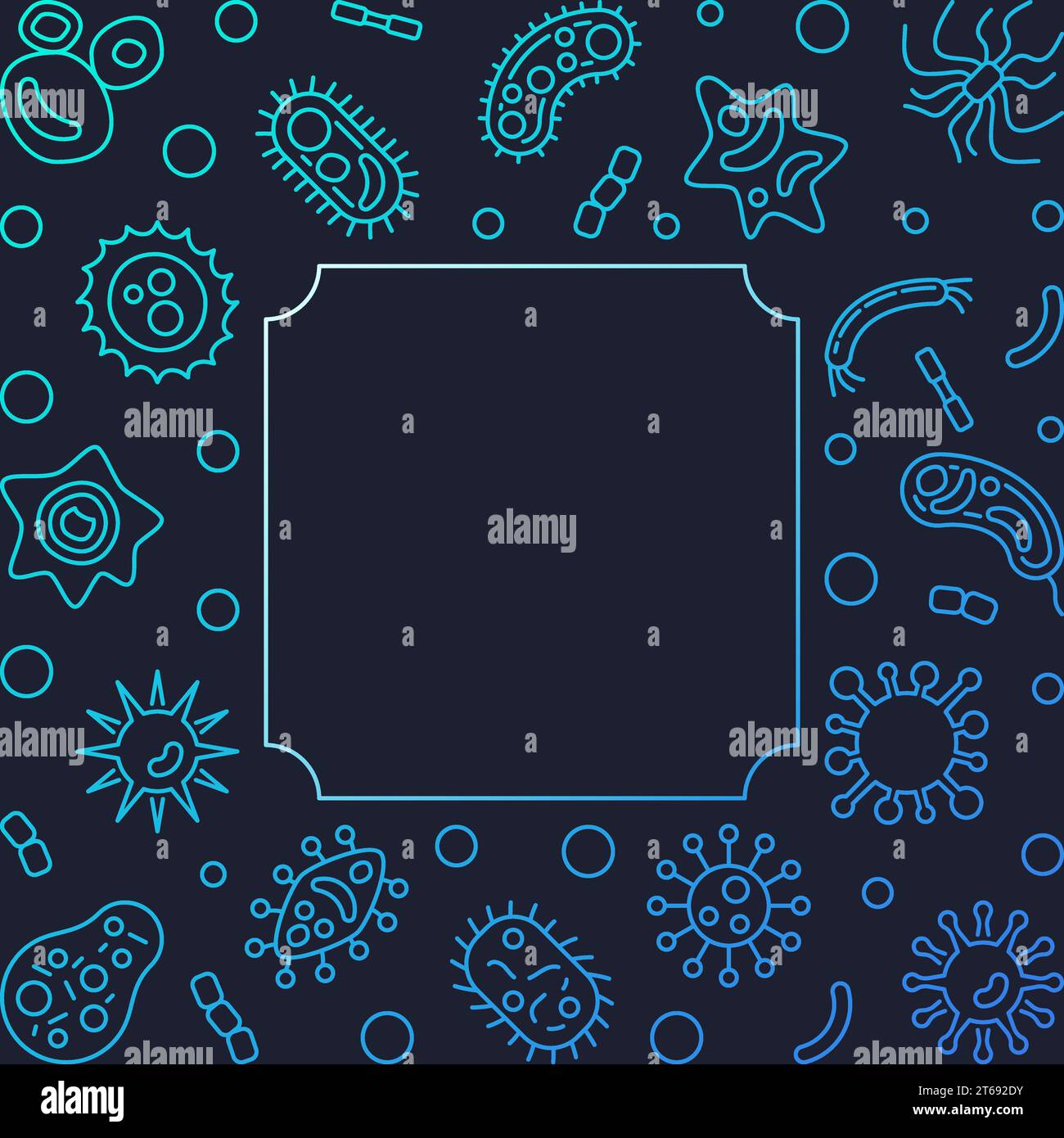 Square frame with microorganism outline blue icons. Vector virology and ...
