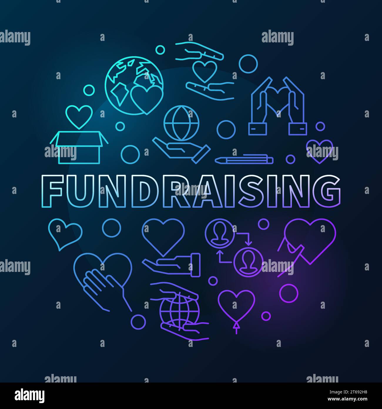 Fundraising round vector modern illustration in outline style on dark ...