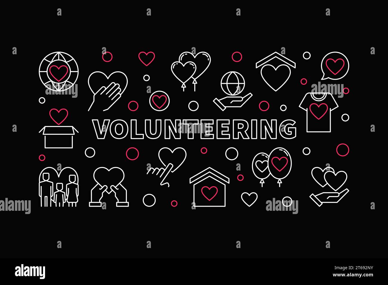 Volunteering vector concept horizontal linear illustration on dark ...