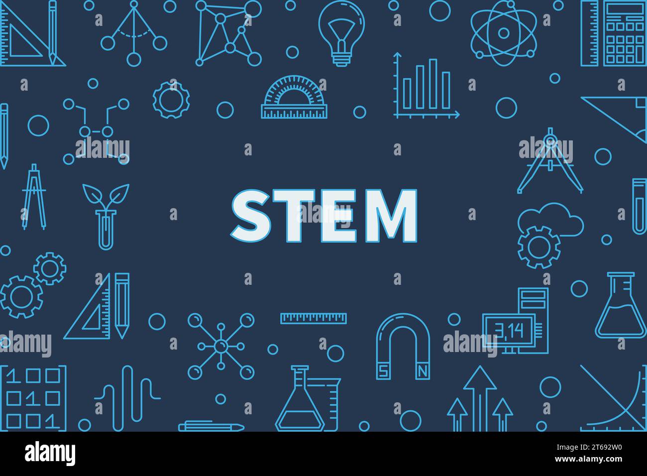 Science, technology, engineering and math blue creative horizontal frame. Vector STEM concept ...