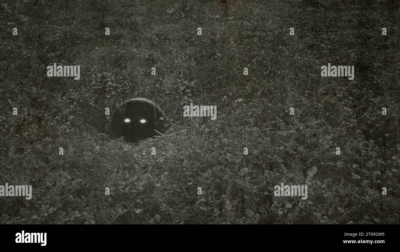 A dark mysterious hole in the ground with glowing eyes of a spooky ...