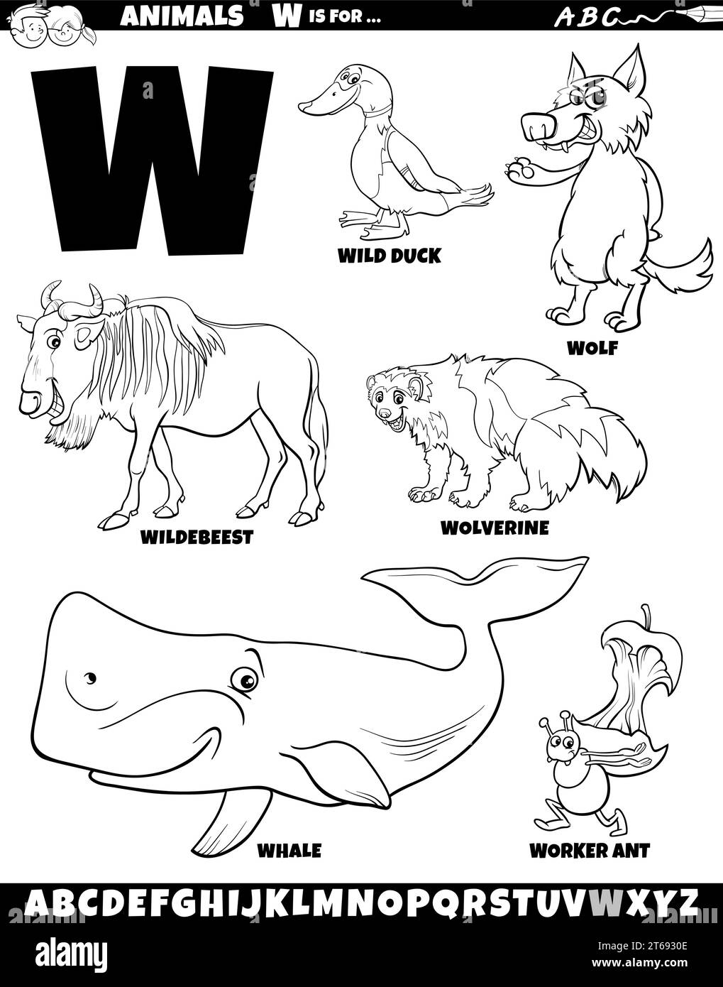 Cartoon illustration of animal characters set for letter W coloring ...