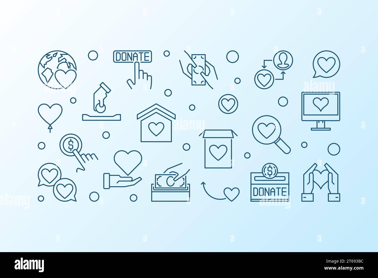 Donate vector simple blue horizontal illustration in thin line style ...