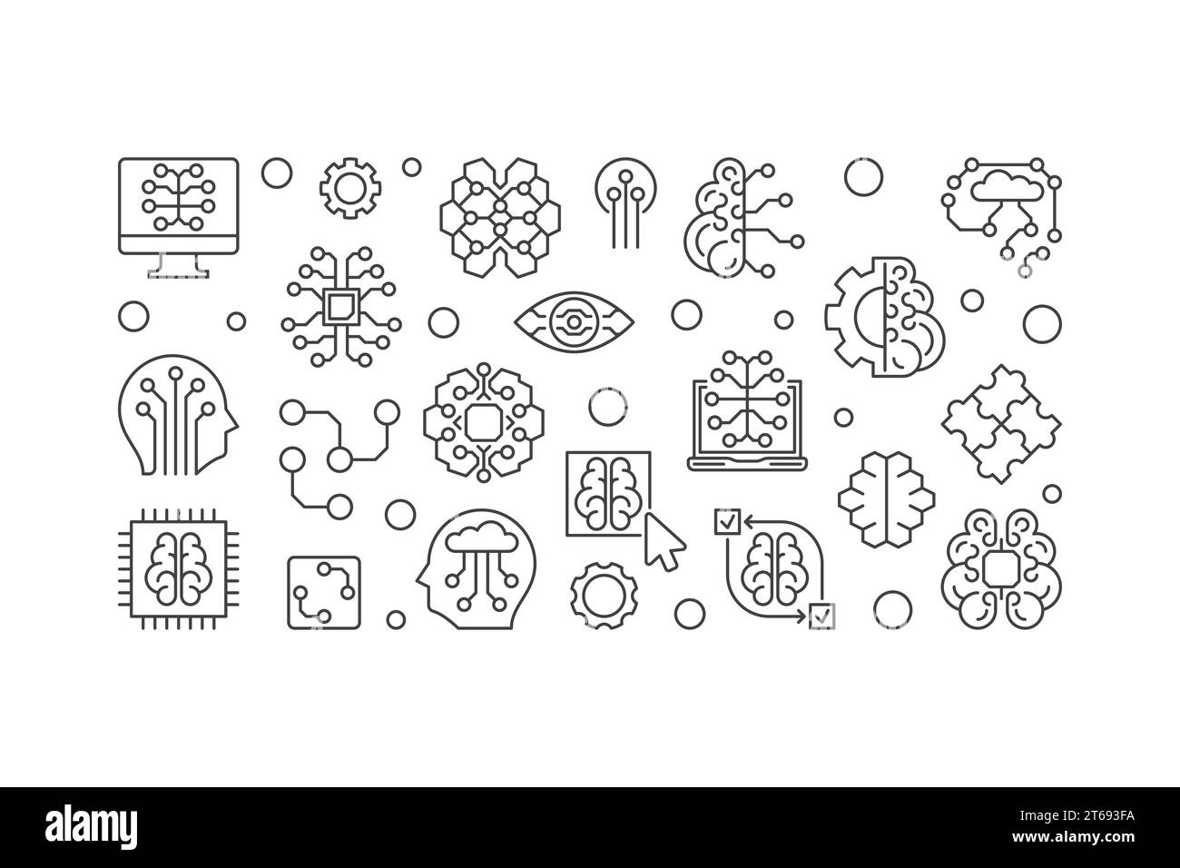 Digital Brain vector horizontal banner. AI and Machine learning illustration in outline style ...
