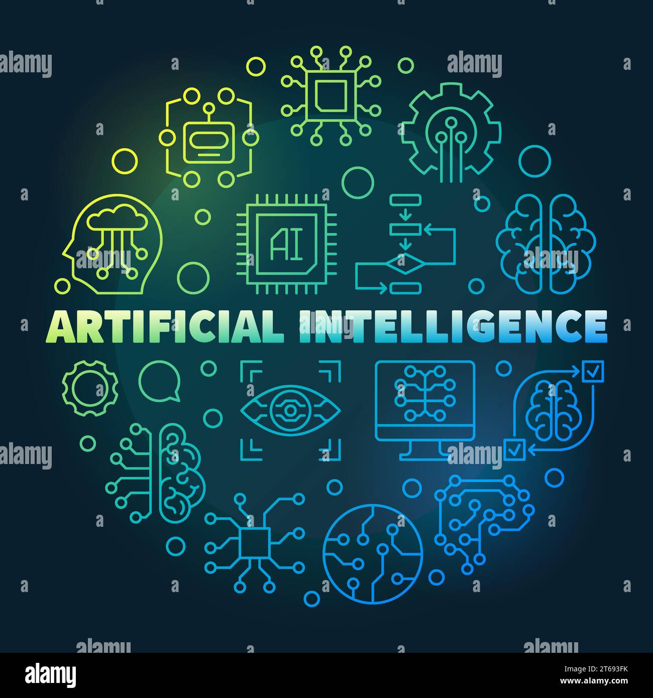 Artificial Intelligence round creative line illustration. AI technology vector outline icons in ...