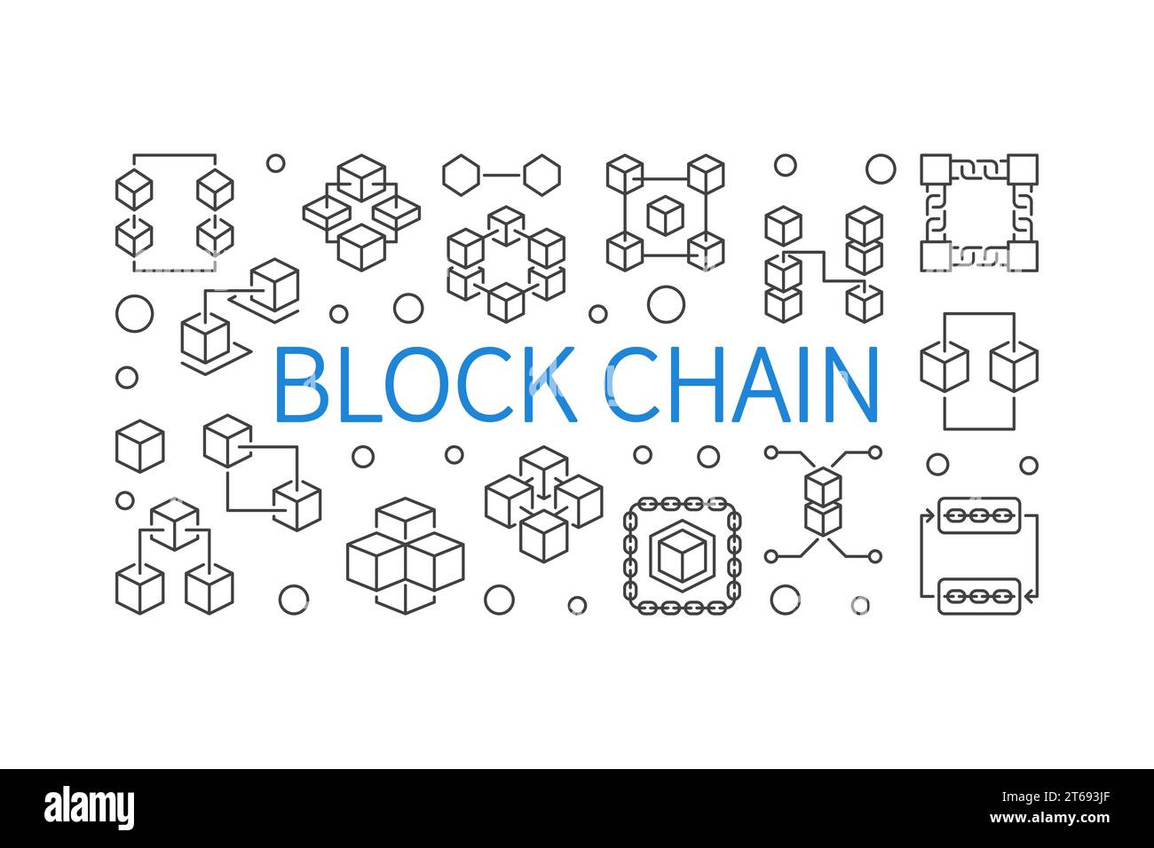 Block Chain vector concept outline horizontal illustration. Blockchain banner in thin line style ...
