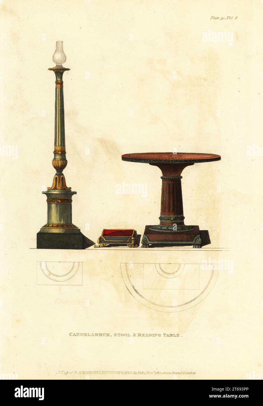 Candelabrum, stool and reading table, 1812. Handcoloured copperplate ...