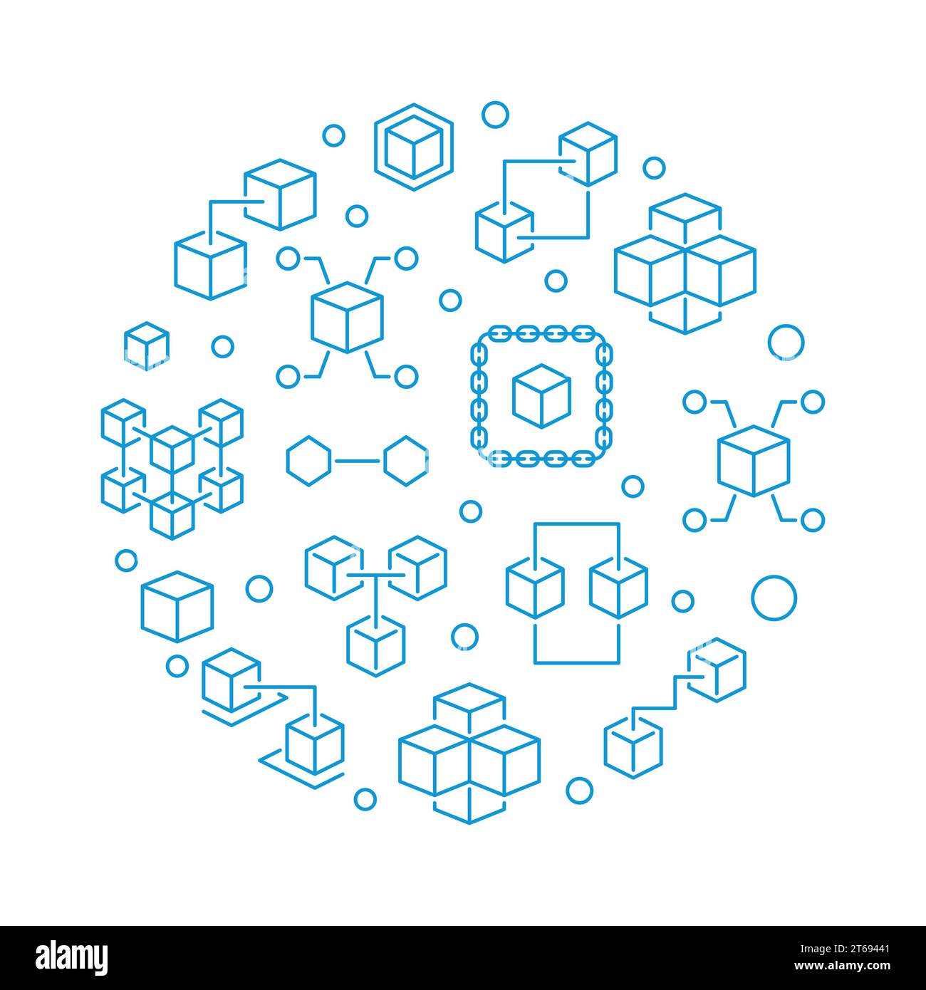 Blockchain crypto vector round blue modern illustration in outline ...