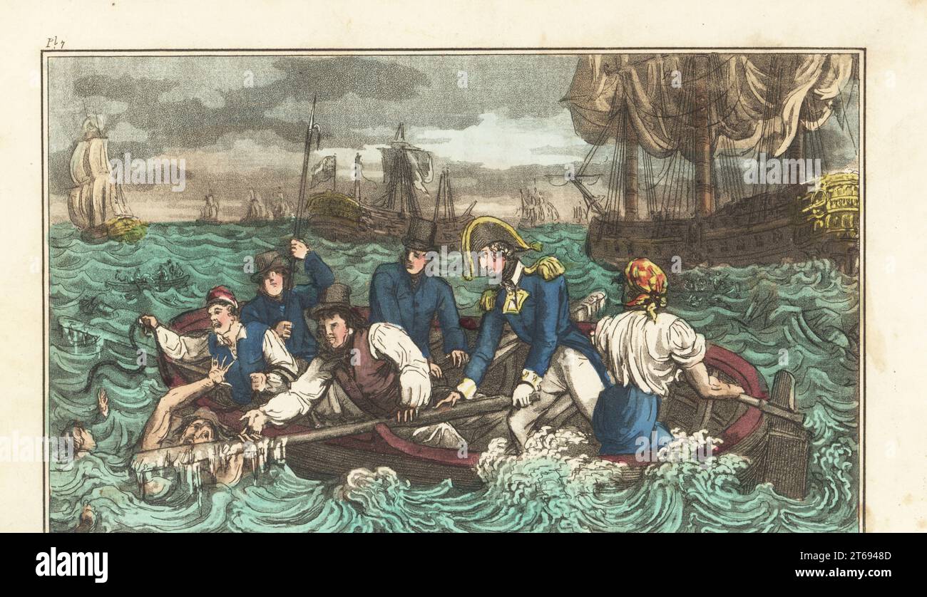 English Regency sailors saving men overboard after a naval engagement. Captain Bowsprit extends ...
