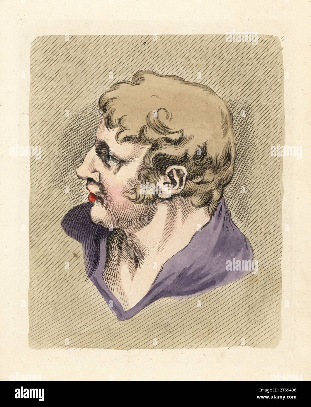 Figure of a young man in profile. From a painting by old master in an ...