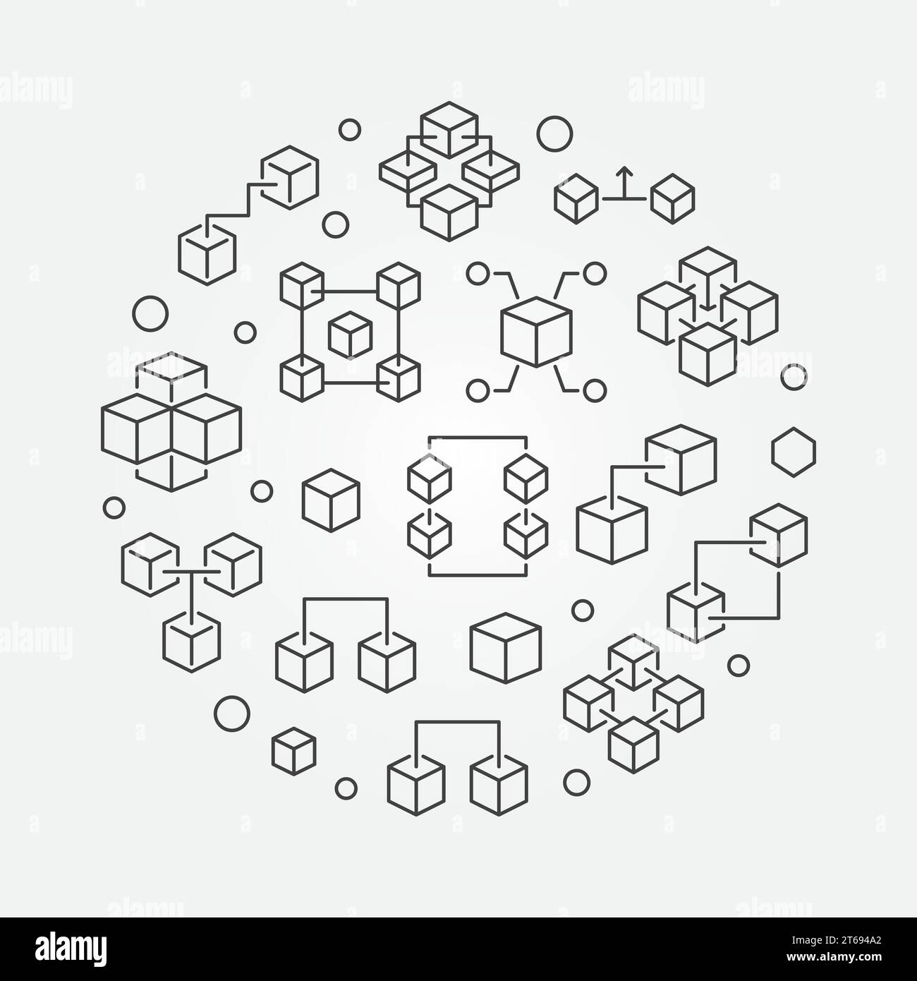 Blockchain technology vector round concept illustration in outline ...