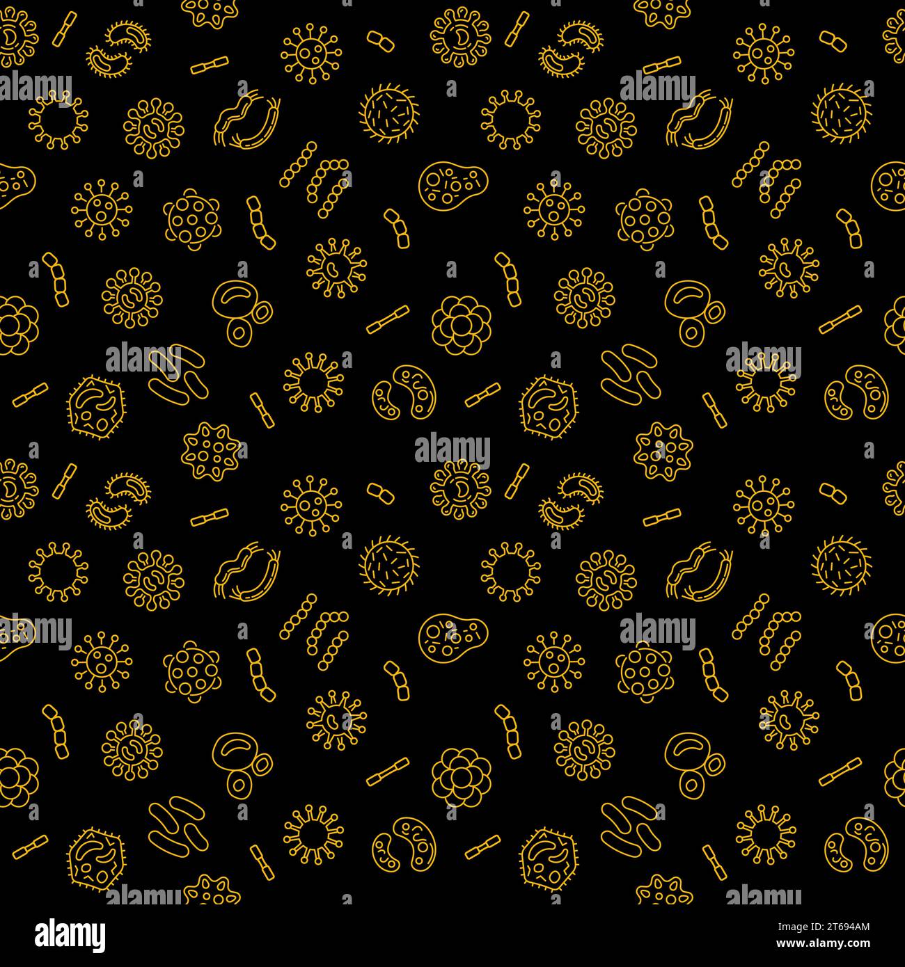 Seamless microbiology pattern or background with bacteria and microbe thin line yellow icons ...