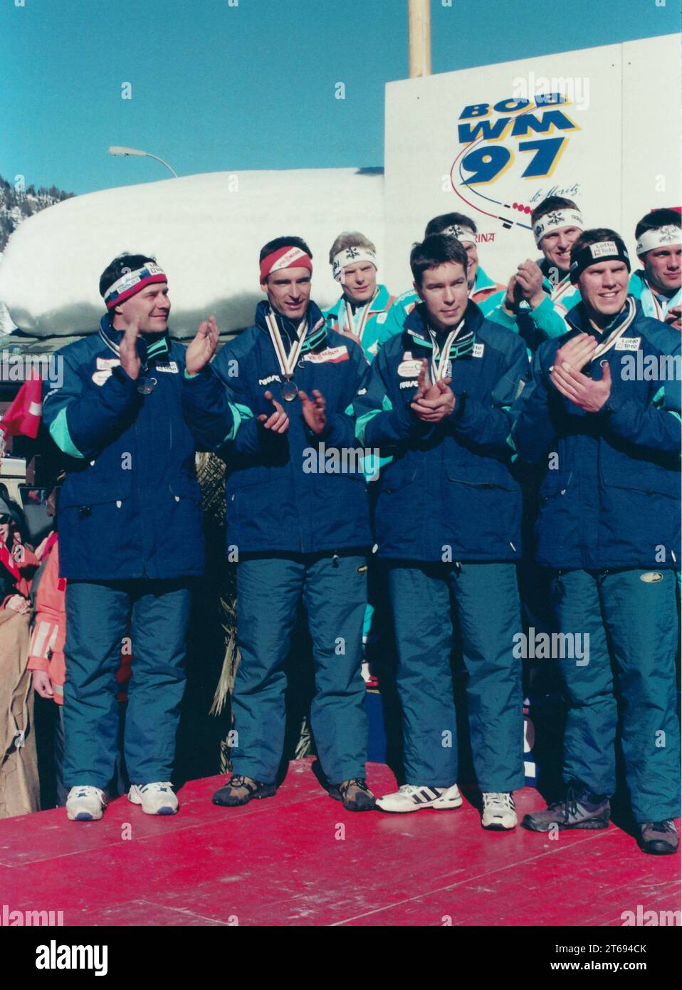 The German four-man bobsleigh team with Wolfgang Hoppe, Sven Rühr, Rene ...