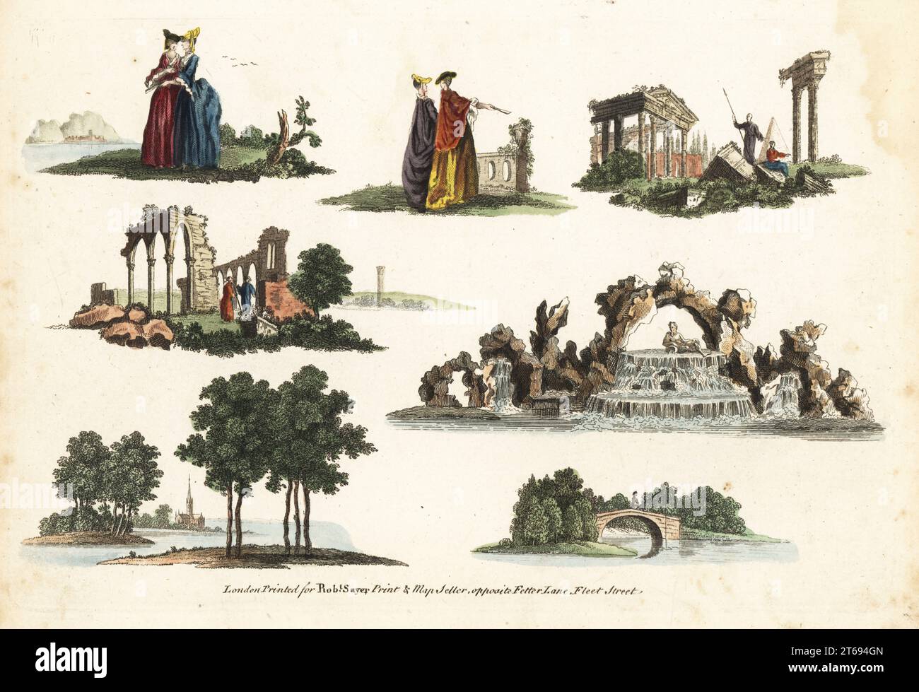 Group of bucolic landscapes. Rustic scenes with figures, classical ...