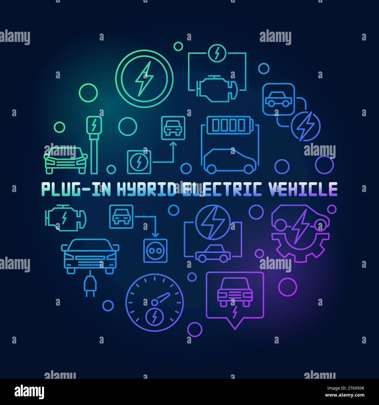 Plug-in Electric Vehicle round vector colorful illustration in thin ...